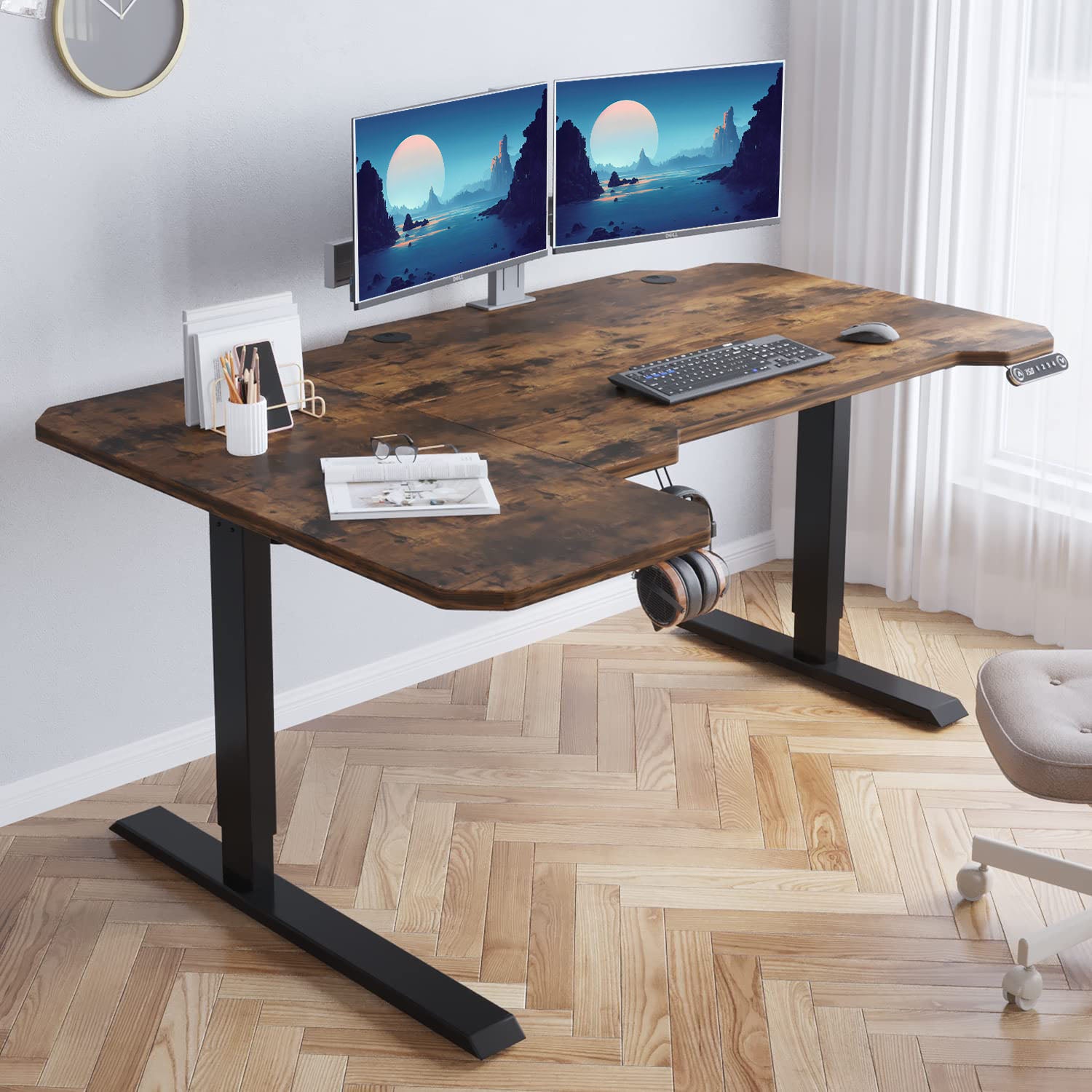 Stehpult, elektrisch höhenverstellbar, moderner L-förmiger Computer ...